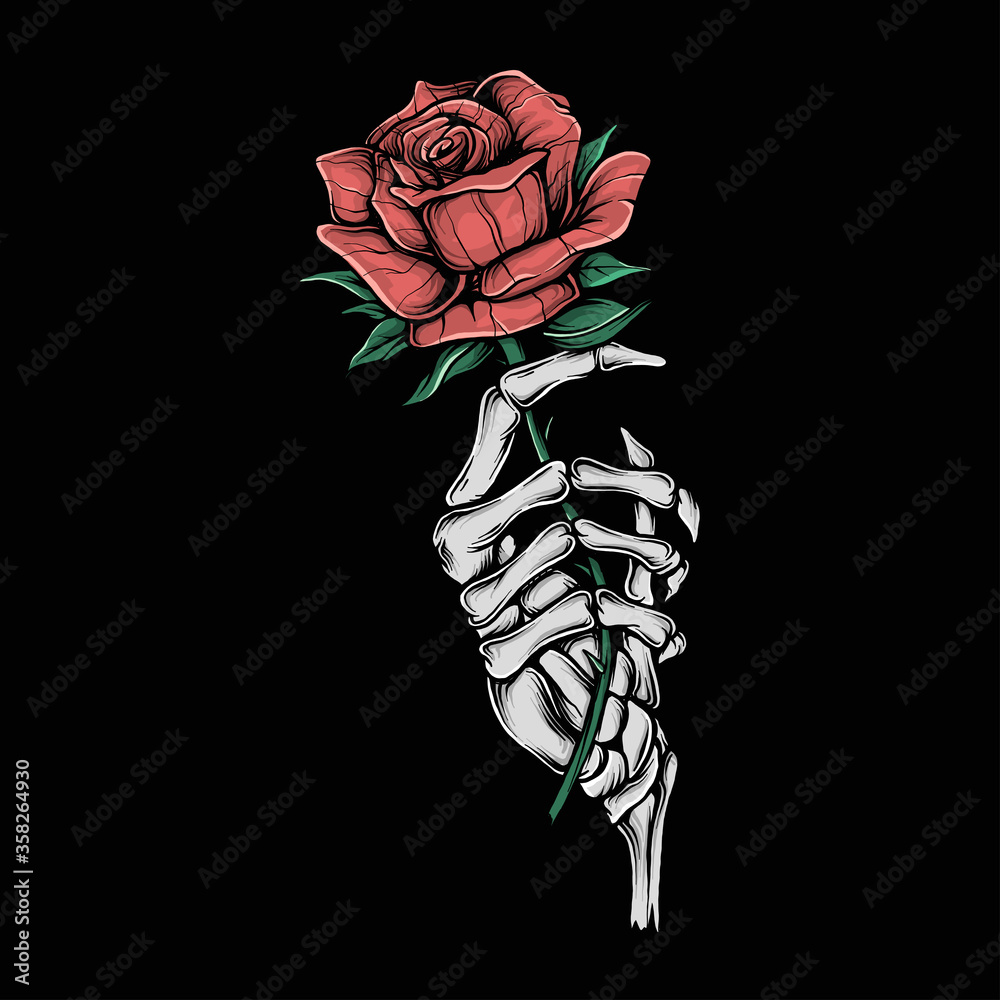 Hand drawing vintage skeleton holding flower vector illustration Stock ...
