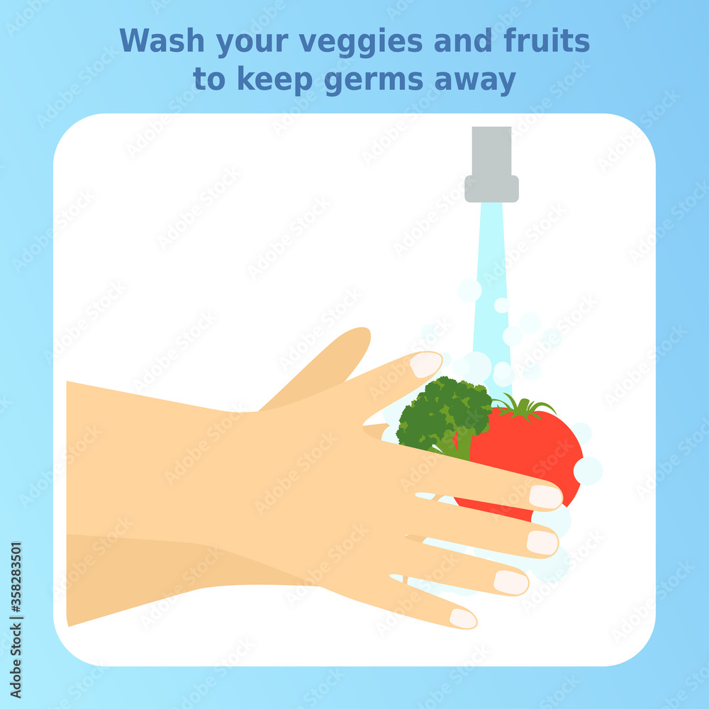Vector illustration 'Wash your veggies and fruits to keep germs away ...