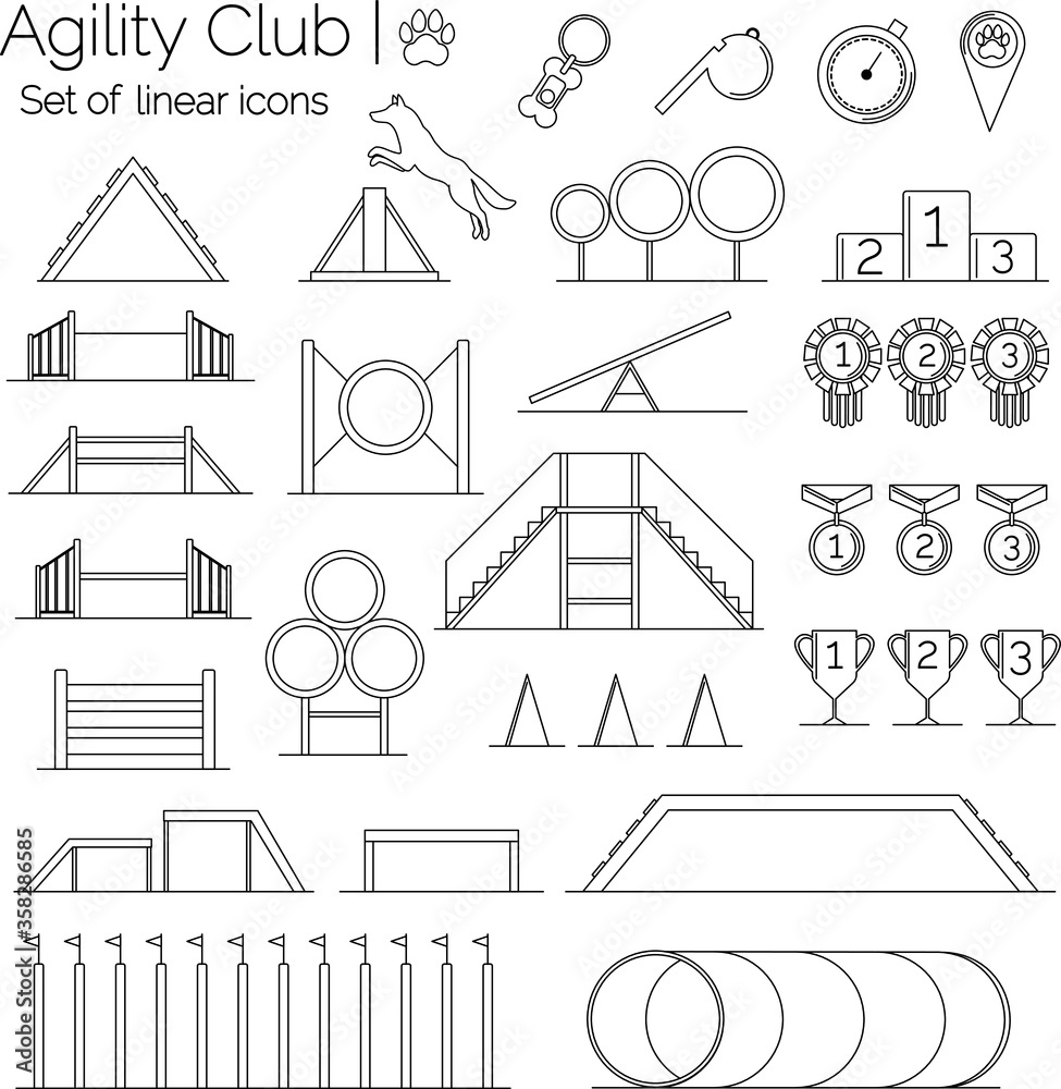 Vector big set of linear icons, agility sport equipment and items for ...