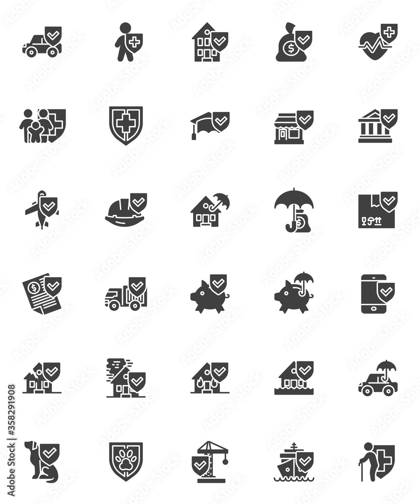 Insurance related vector icons set, modern solid symbol collection ...