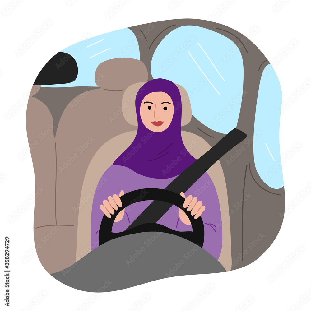 Muslim Arab woman in traditional purple hijab with a safety belt ...