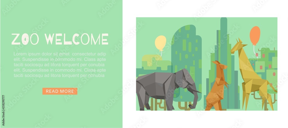 Welcome to zoo green cartoon banner, vector illustration. Origami ...