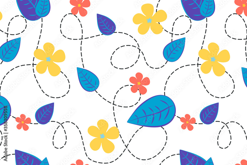 Bright floral vector seamless pattern. Leaves and flowers in blue, red ...