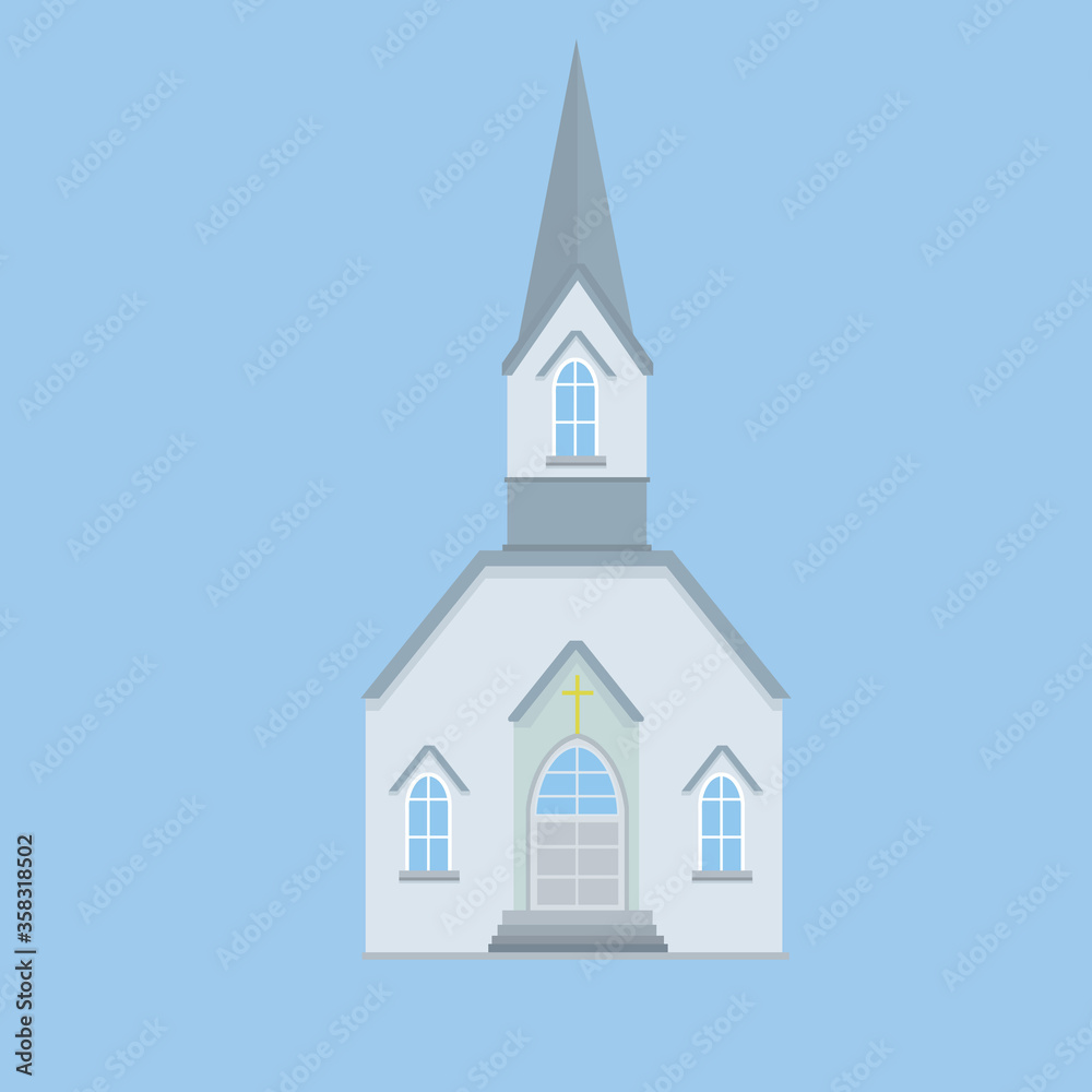 Catholic Church with a spire and a blue roof. Stained glass Windows and ...