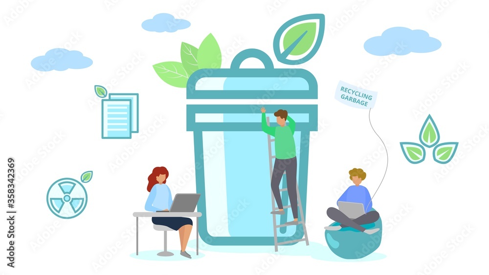 Recycling garbage team, cartoon character near large bean vector ...