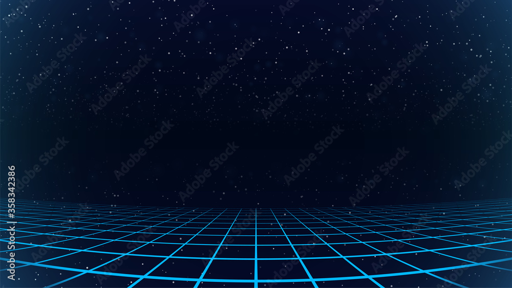 Synthwave background. Dark Retro Futuristic backdrop with blue perspective grid and sky full of ...