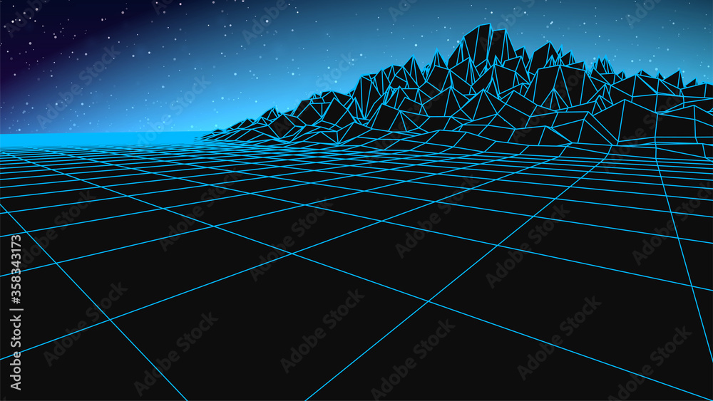 Synthwave background. Dark Retro Futuristic backdrop with blue wireframe landscape and sky full ...