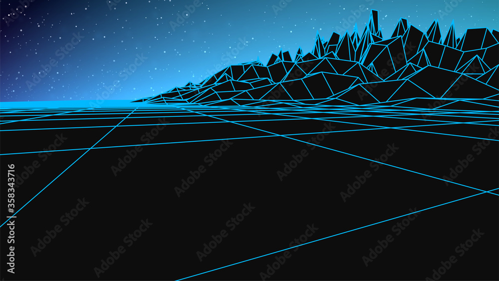 Synthwave background. Dark Retro Futuristic backdrop with blue wireframe landscape and sky full ...