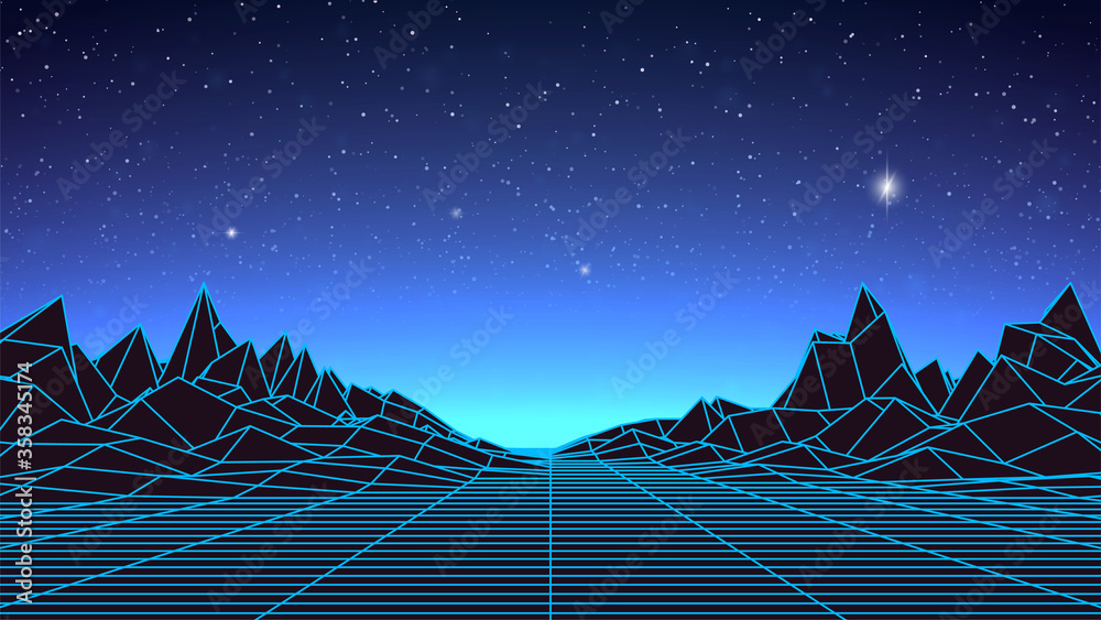 Synthwave background. Dark Retro Futuristic backdrop with blue wireframe landscape and sky full ...