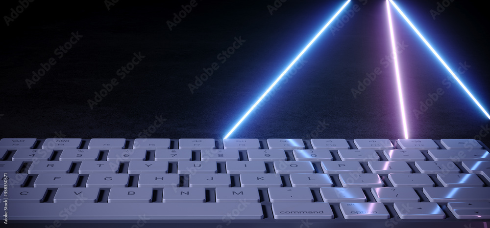 Neon Laser White Keyboard Gaming Closeup Beams Vibrant Purple Blue ...