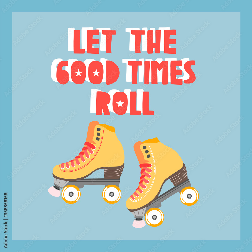 Trendy roller skate blue poster, card template. Modern hand-drawn ...