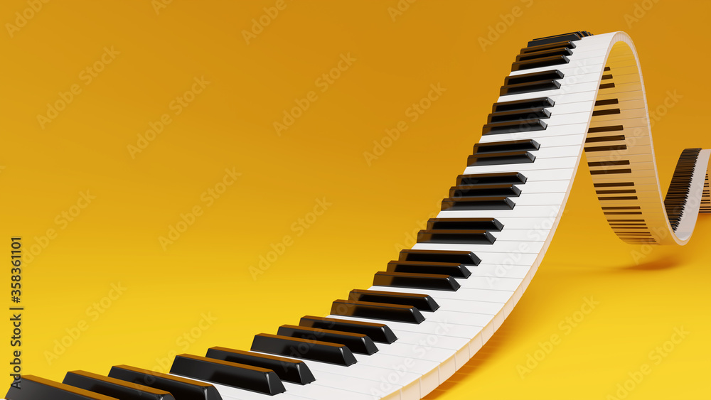 Curved wavy grand piano keyboard on yellow background. Abstract design ...