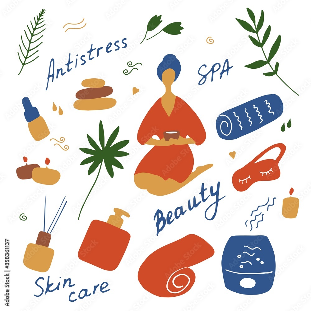 SPA salon icons. Beauty concept. Skin care signs. Hand drawn flat ...