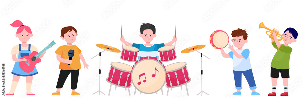 Cartoon children band flat vector illustration. Cute young artists ...