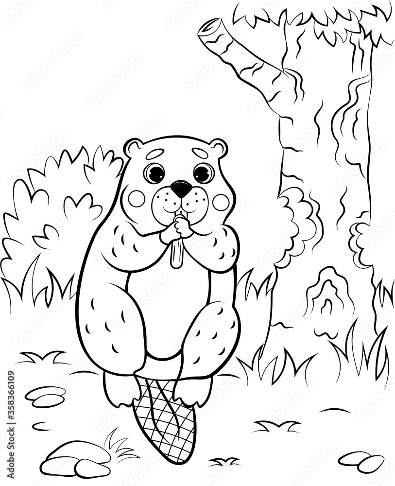 Coloring page outline of cute cartoon beaver gnaws a tree. Vector image ...