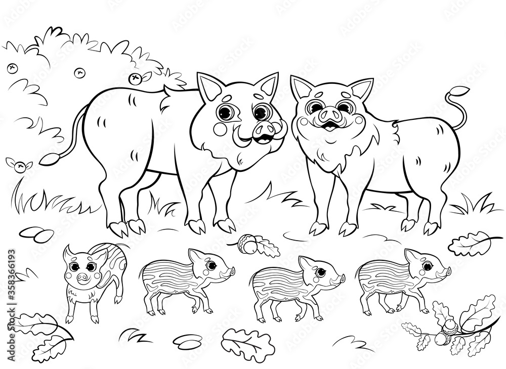 Cute cartoon boar family vector coloring page outline. Vector image ...
