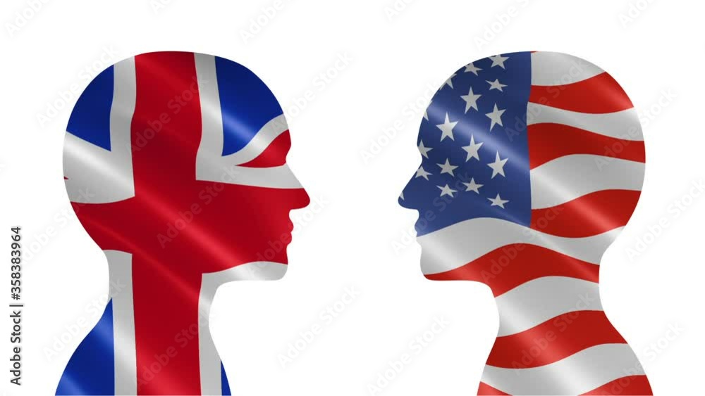 Silhouettes of talking UK and USA people on green. Dialogue between two ...