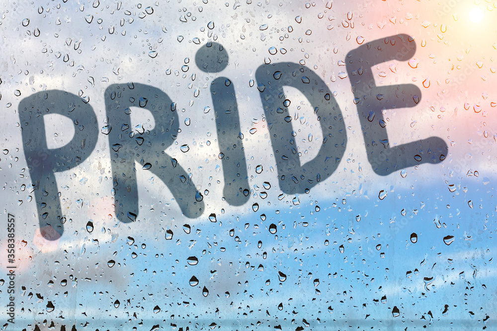Rain drop on glass window with sky and word : Pride, Gay concept Stock ...
