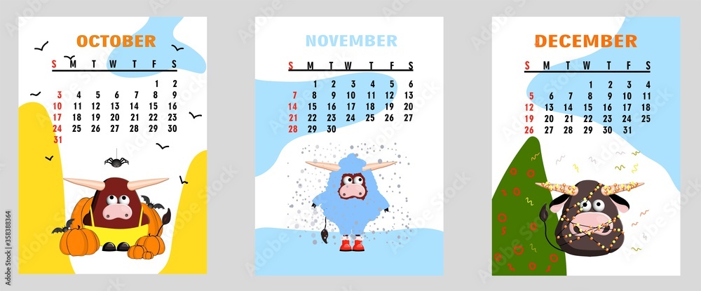 bull, white bull calendar or A4 planner for 2021 with cartoon kawaii ...