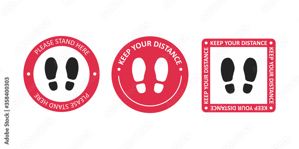 Shoeprints sign set. Keep your distance and pleace stand here footprint ...