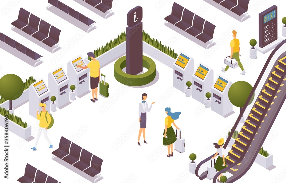 Isometric 3d airport, express self check-in counter. People themselves ...