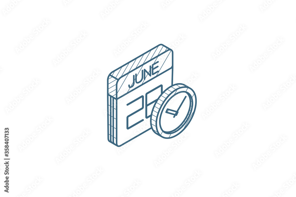 date and time, calendar and clock isometric icon. 3d line art technical ...