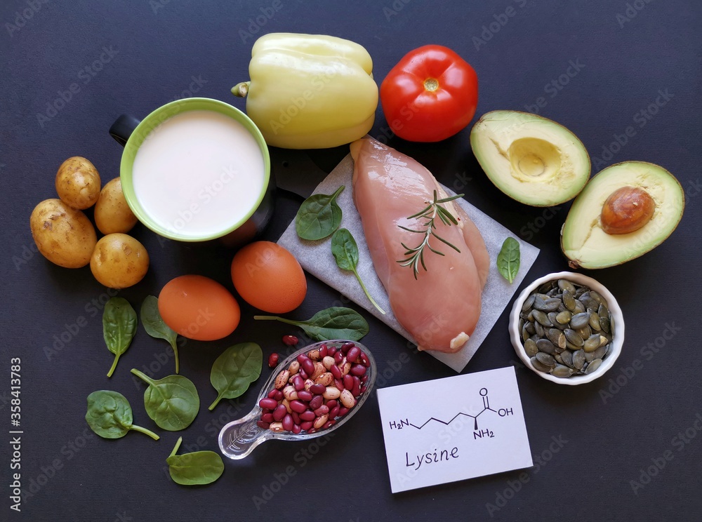 Foods rich in lysine (an essential amino acid) with structural chemical ...