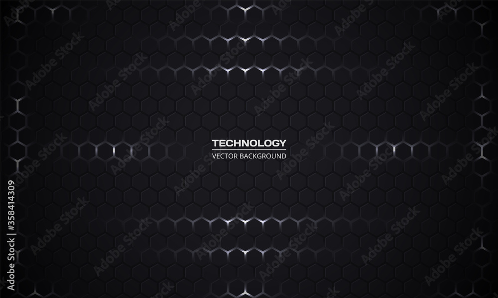 Dark hexagonal abstract technology background. White bright flashes ...