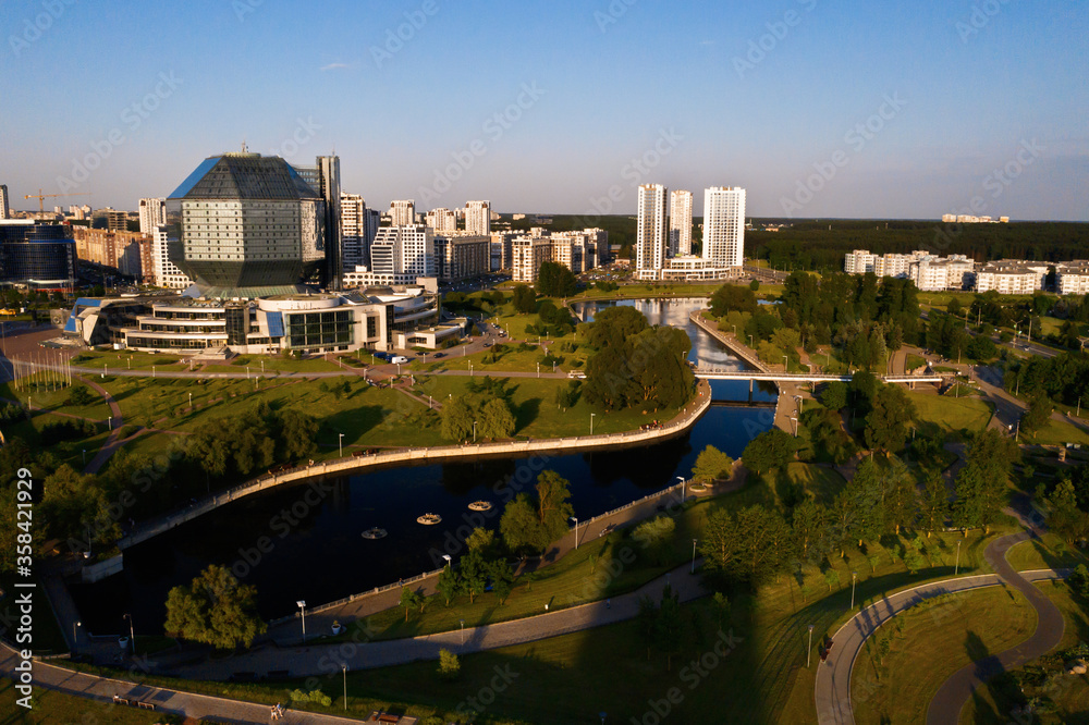 Top view of the National library and a new neighborhood with a Park in ...