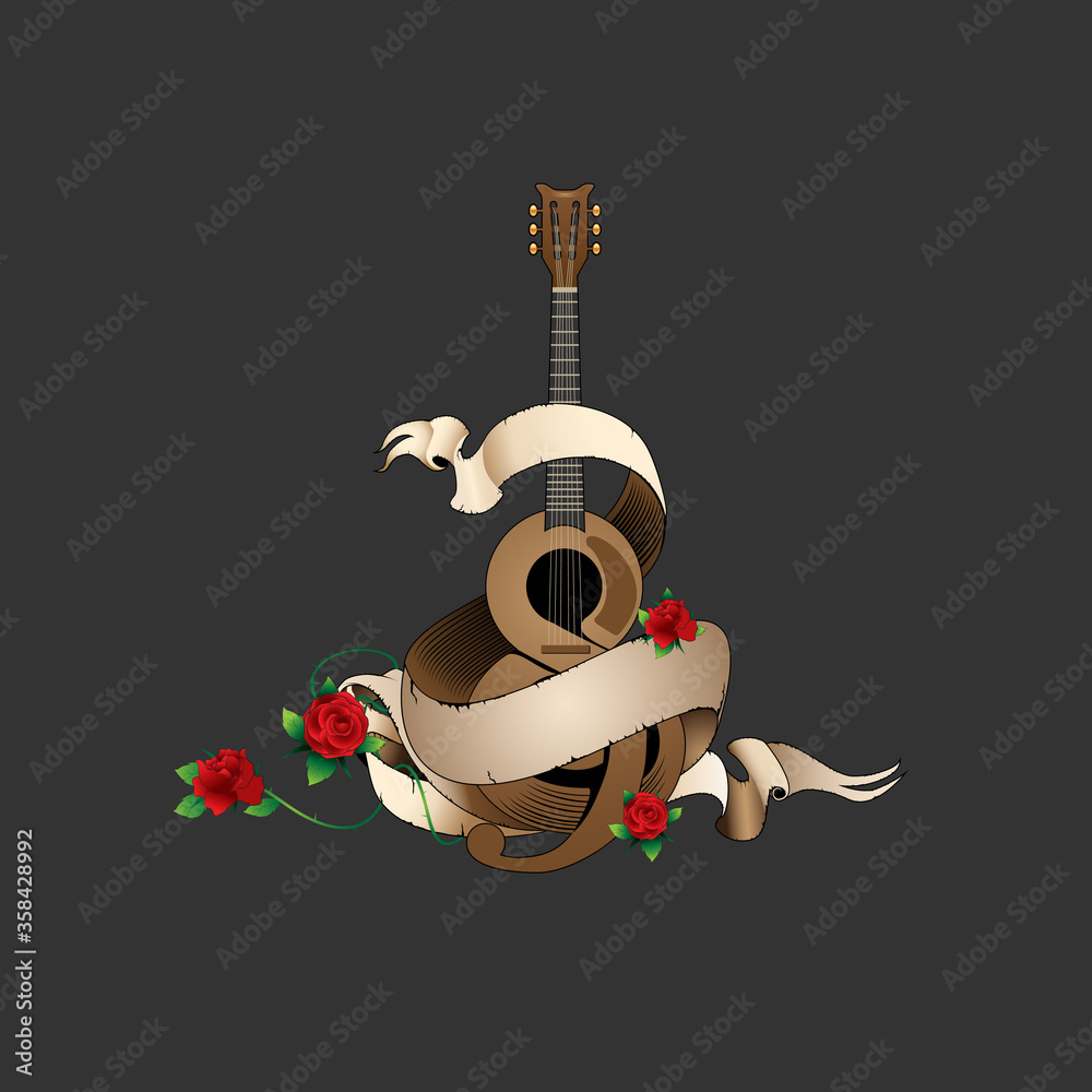 Guitar and Roses vector illustration for commercial use such as logo ...