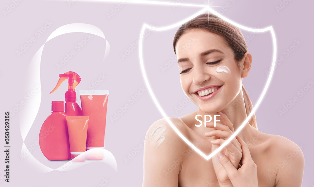 SPF shield and beautiful young woman with healthy skin on pink ...