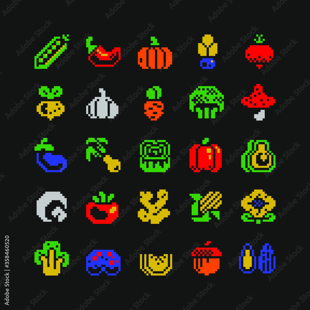 Vegetables pixel art icons set vector illustration. Design for stickers ...