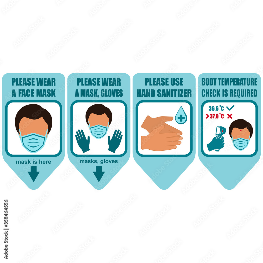 Healthcare infographic elements. Signs PLEASE WEAR A FACE MASK, PLEASE ...