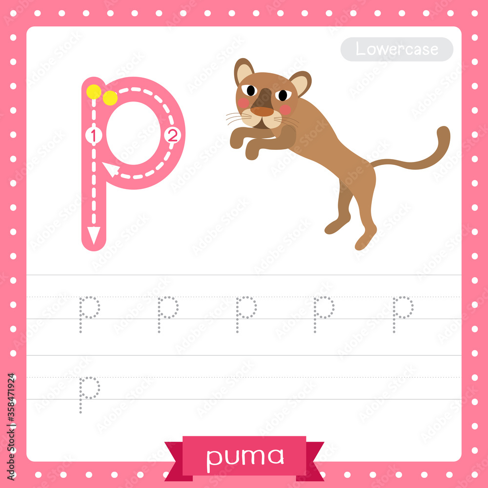 Letter P lowercase tracing practice worksheet of Jumping Puma Stock ...