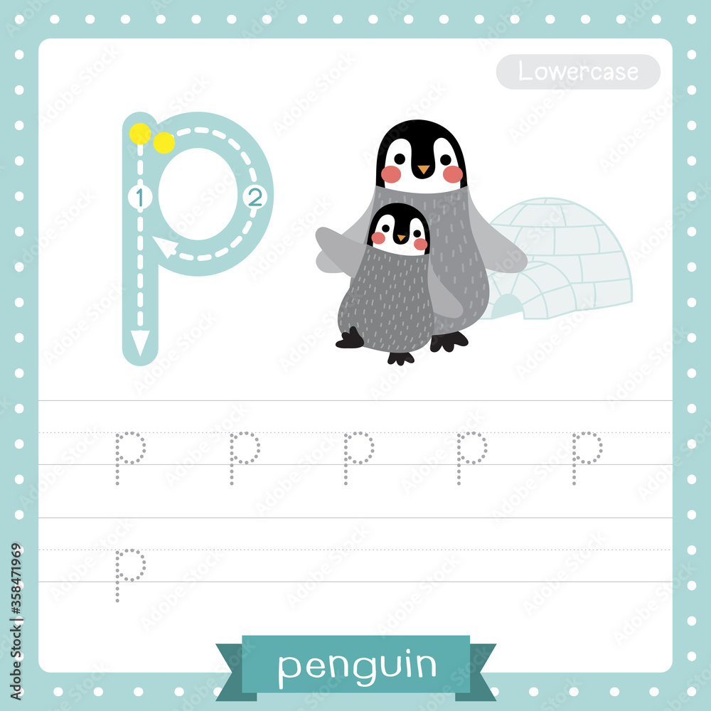 Letter P lowercase tracing practice worksheet of Penguin mother and ...