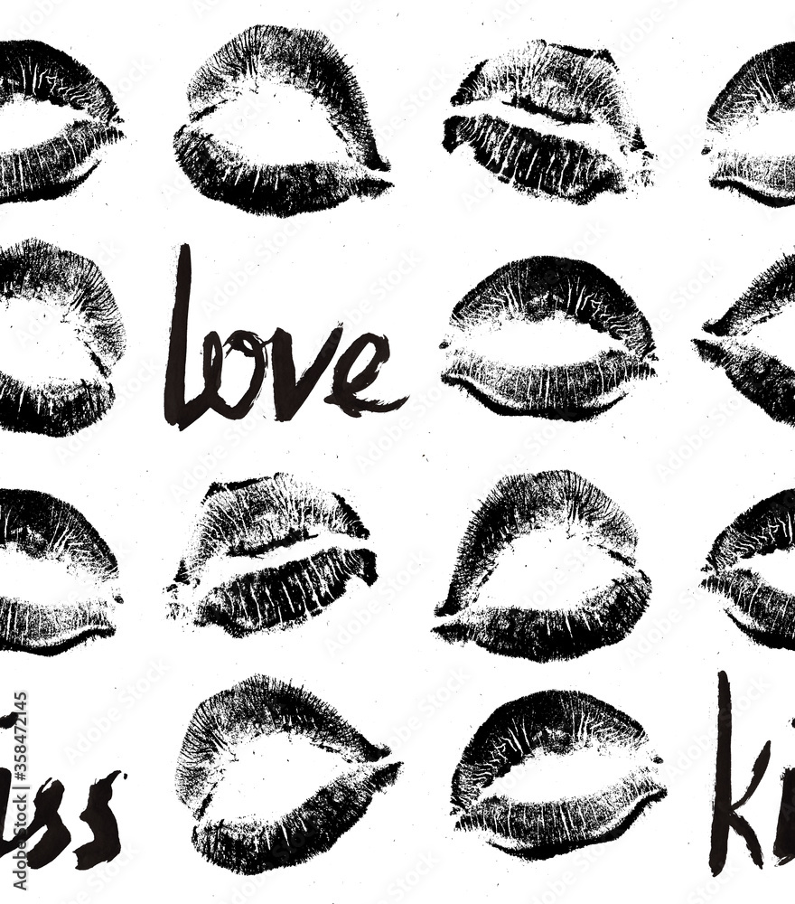 Pattern prints of female lips, lipstick, contrast black , tender and ...