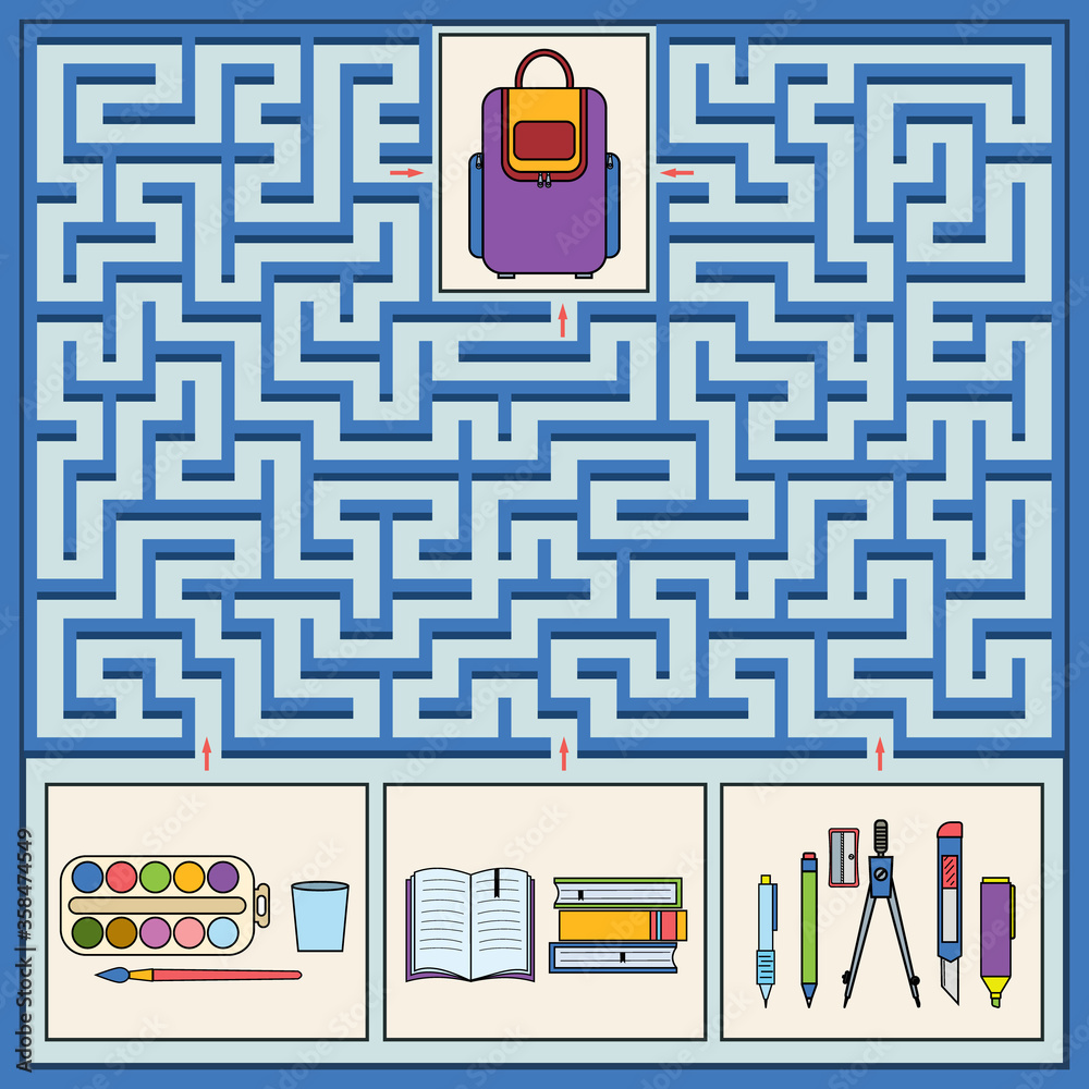 Color maze for children on the theme of school and school supplies ...