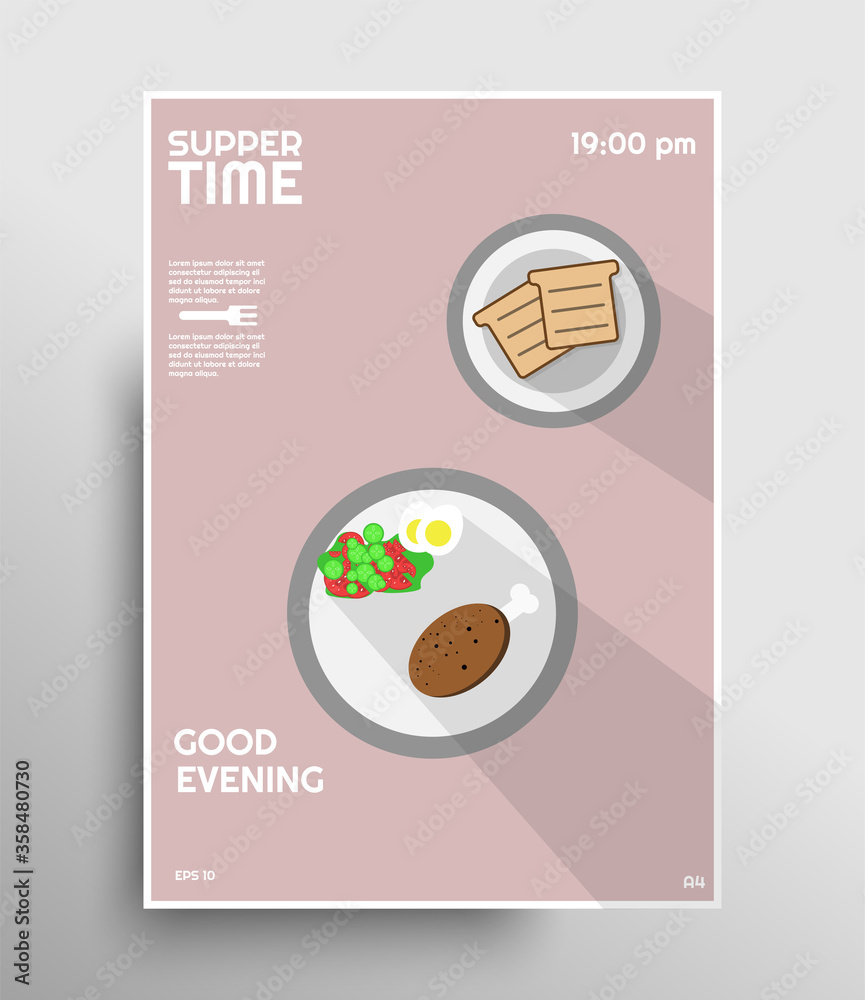 Modern flat supper mill background design with fried poltry, bread ...