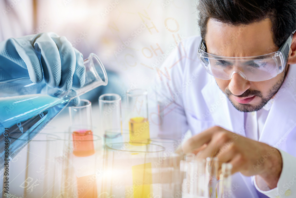 Caucasian scientist man lab technical service observe liquid sample ...