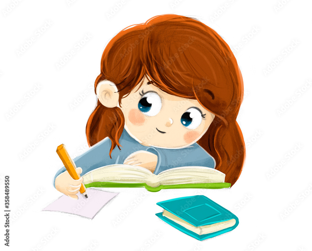 Niña escribiendo mientras piensa algo Stock Illustration | Adobe Stock