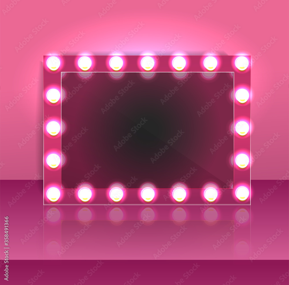 Glamour pink makeup blank mirror realistic with bulb light effect in ...