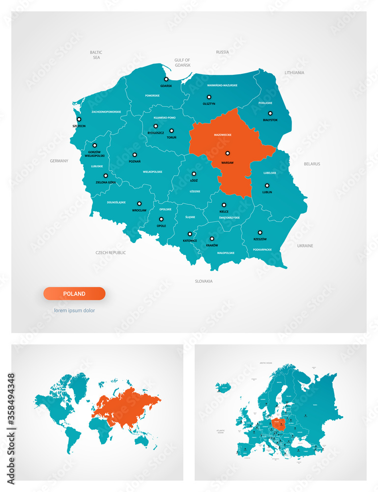 Editable template of map of Poland with marks. Poland on world map and ...