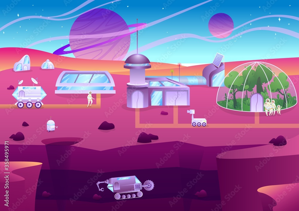 Colonization of planet, people explore new planet, space shuttles ...