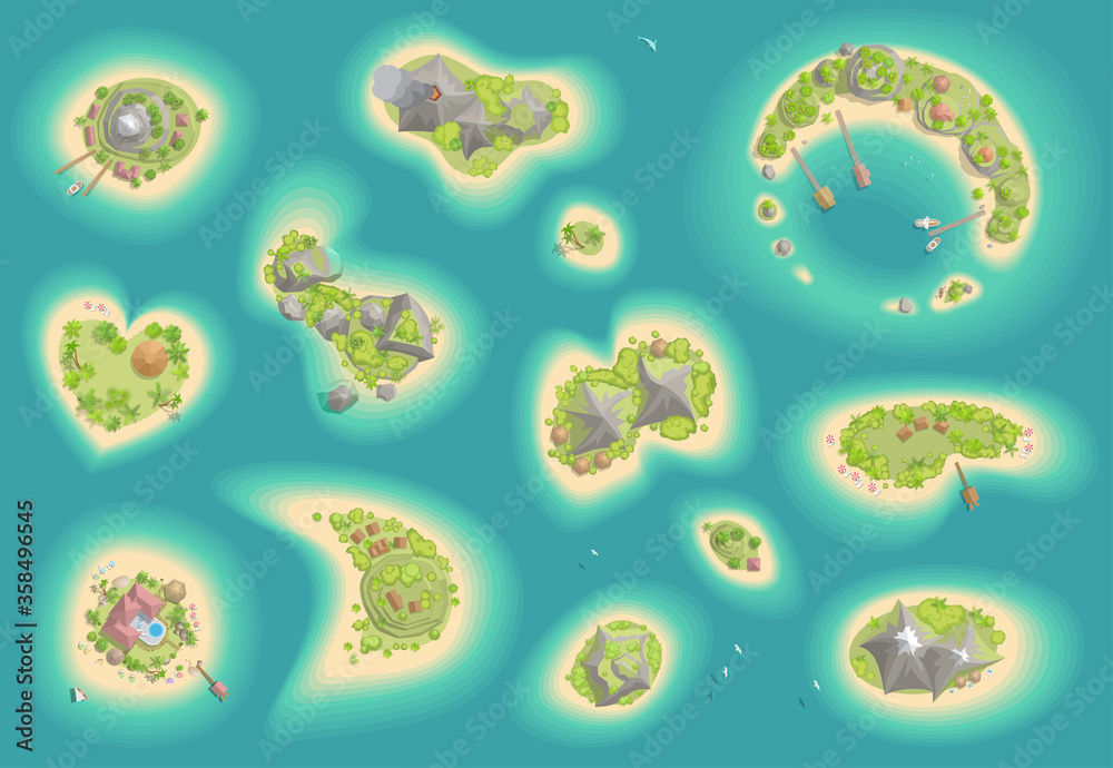 Vector set. Islands top view. Tropical islands of various shapes and ...