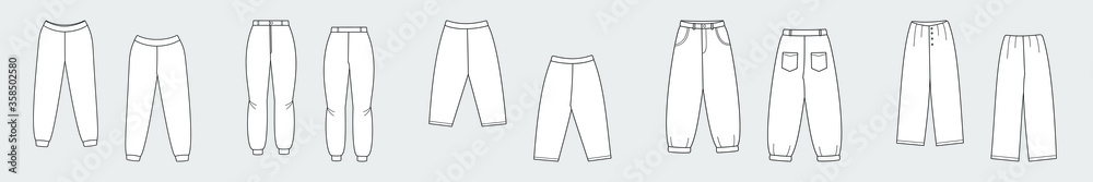 Pants, trousers. Set of female vector template isolated on a grey ...