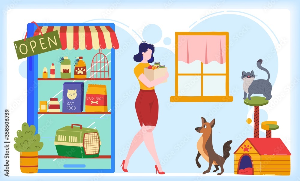 Pet shop flat vector illustration. Cartoon woman pet owner character ...