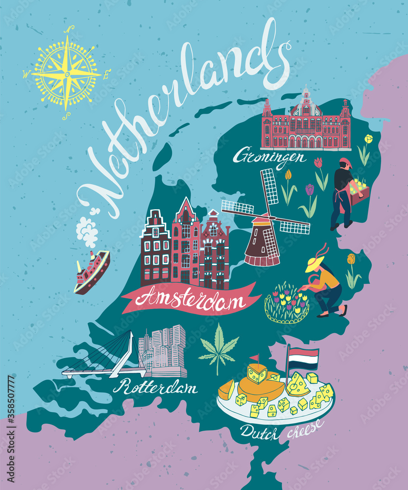 Illustrated map of Netherlands. Attractions and national symbols of the ...