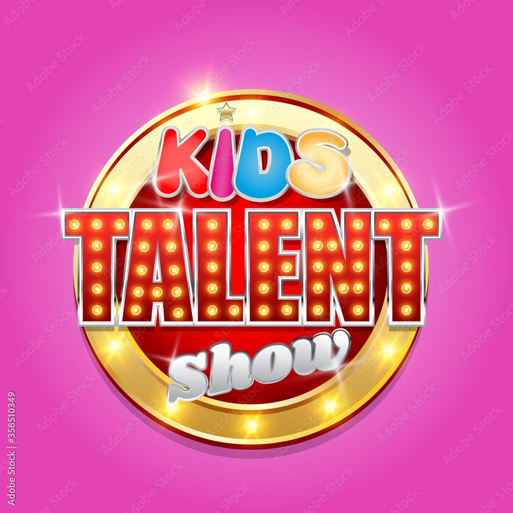 Kids talent show logo, signboard with glowing lights, vector ...