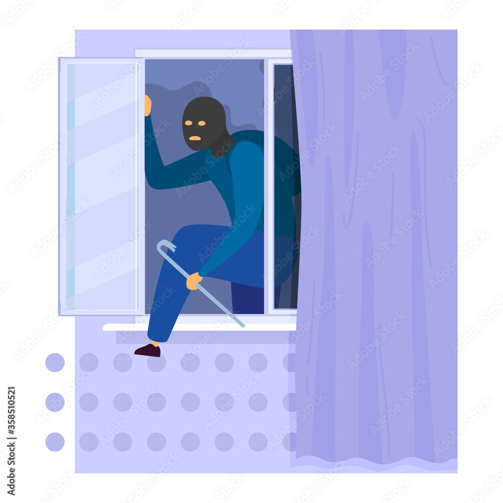 Character male thief climbed window with tire iron, breaking glass box ...