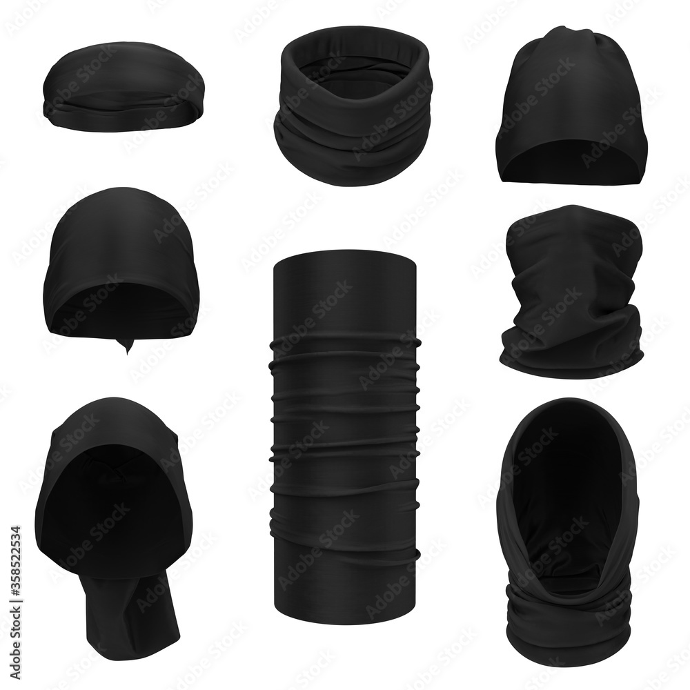 How to wear buffs. Front view. Set of black buffs on the face, neck, on ...